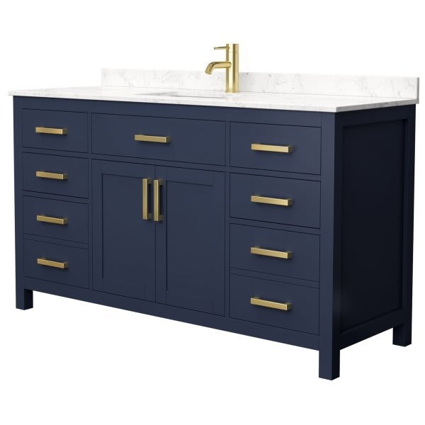 Wyndham Avery 48" Dark Blue Single Vanity, Carrara Marble Top, Square ...