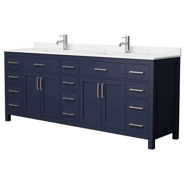 Wyndham Beckett 48" Dark Blue Double Vanity, Carrara Marble Top, Black ...