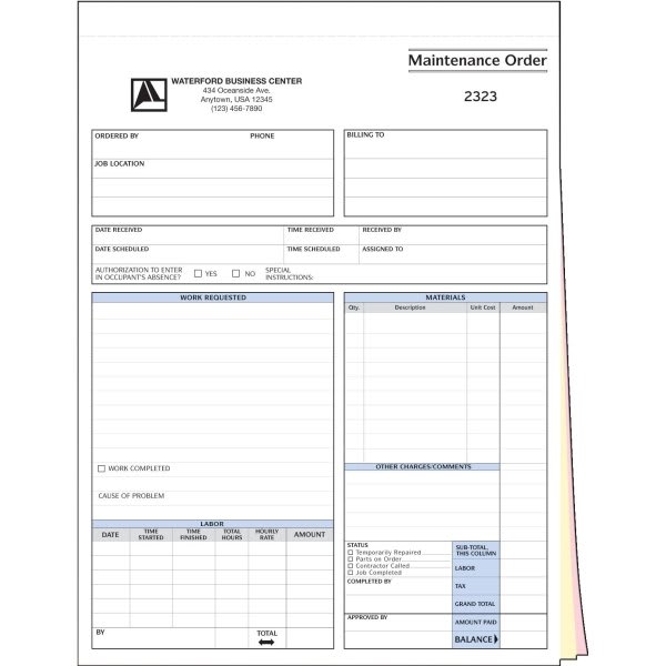 Personalized 3-Part Maintenance Request Book, 3-to-a-Page, Blue Design ...