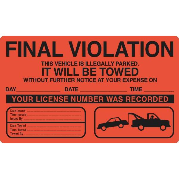 Parking Violation Tags, Tow Warning, 4-1/4" x 8-1/2", Book of 50 | HD ...